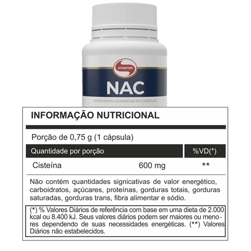 NAC N Acetilcisteina 600mg 60caps - Vitafor - NAC N-ACETILCISTEINA 750MG (PT) 60CAPS - VITAFOR ...